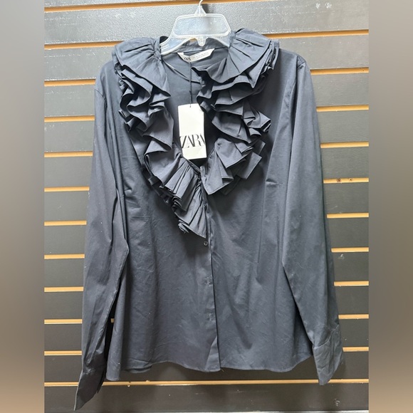 Zara | Tops | Zara Black Ruffle Front Button Down Blouse Xxl Nwt | Poshmark